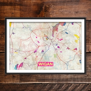 Wigan Map - Original Art Print - City Street Map of Wigan, England ...