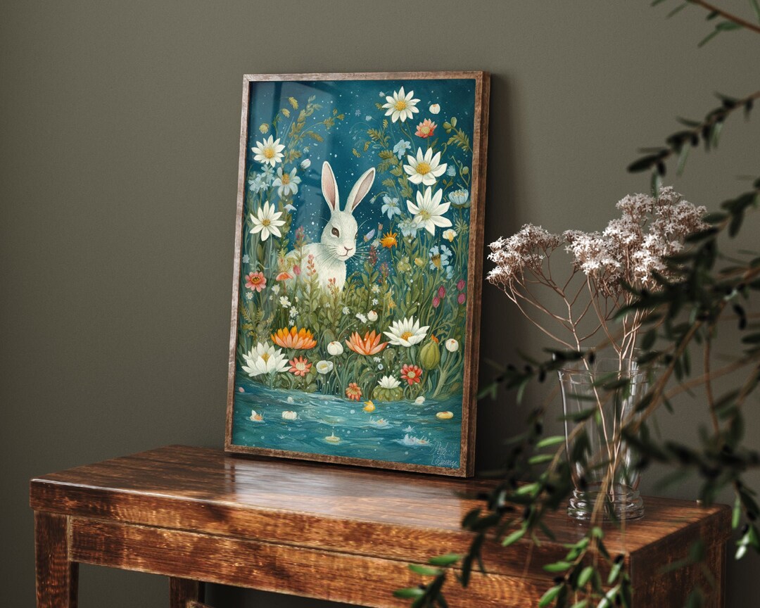 Cartoon Bunny Drowning in Water With Flowers Art Print Poster Painting ...