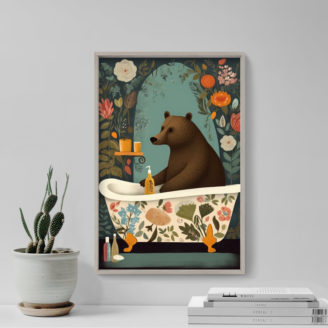 Big Brown Bear in A Bath Botanical Print - Art Print Poster Painting ...