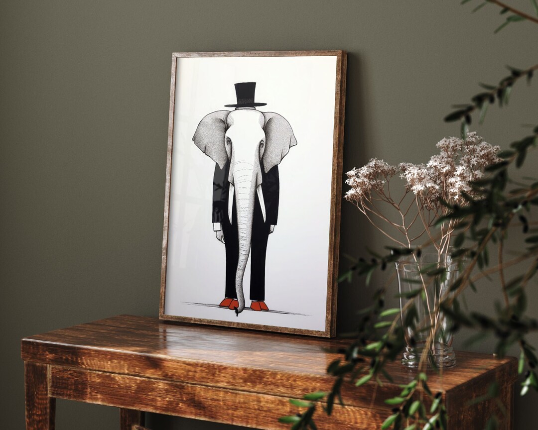 Podium Elephant Line Drawing - Art Print Poster Painting - Giclee Home ...