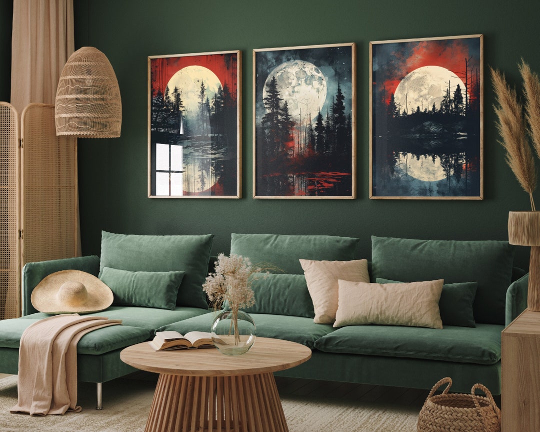 Red Moon Over Water Set of Three Art Prints - Set of 3 Lunar Landscape ...