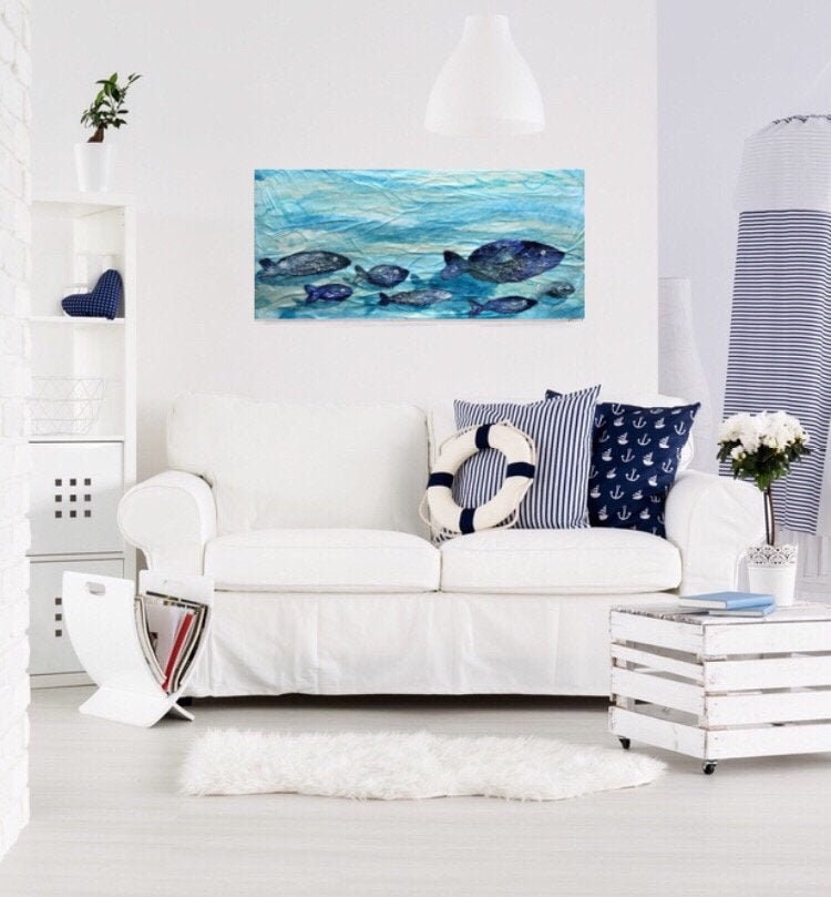 ABSTRACT FISH ART, Blue Fish Painting, Sea Canvas Painting, Stretched ...