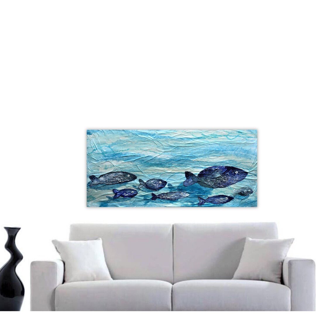 ABSTRACT FISH ART, Blue Fish Painting, Sea Canvas Painting, Stretched ...
