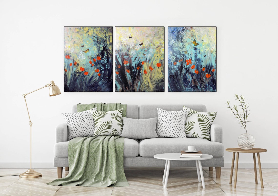 Modern Large Triptych Painting Multi Panel Artwork Butterflies - Etsy