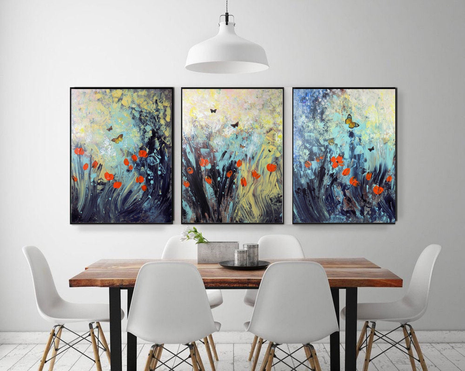 Modern Large Triptych Painting Multi Panel Artwork Butterflies Flowers ...