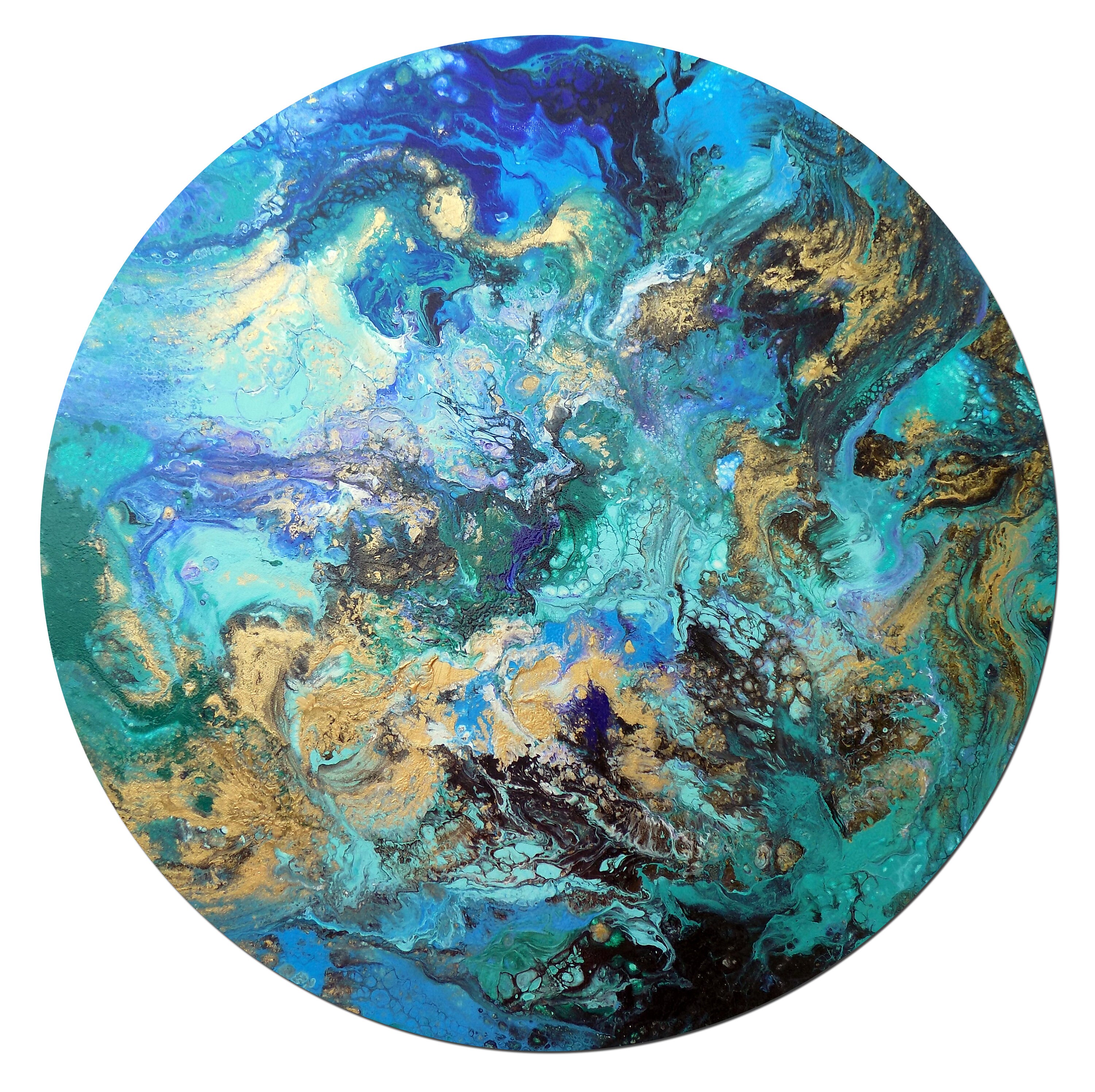 Round Abstract Painting Original Modern Art Blue Green Gold Ready to ...