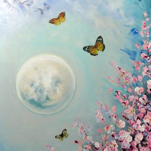 Vertical Spring Landscape With Full Moon Blooming Tree and Butterflies ...