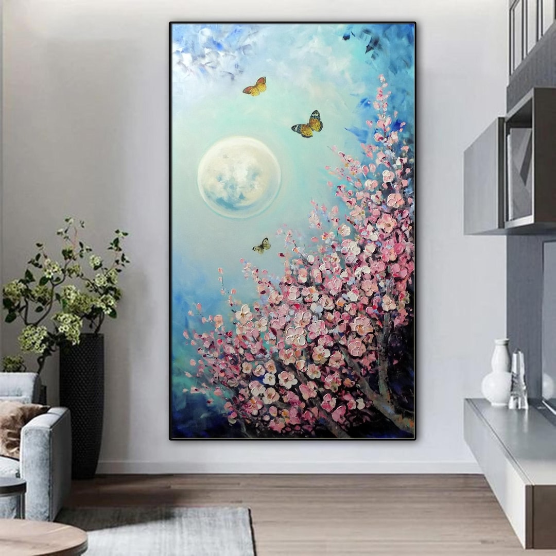 Vertical Spring Landscape With Full Moon Blooming Tree and Butterflies ...
