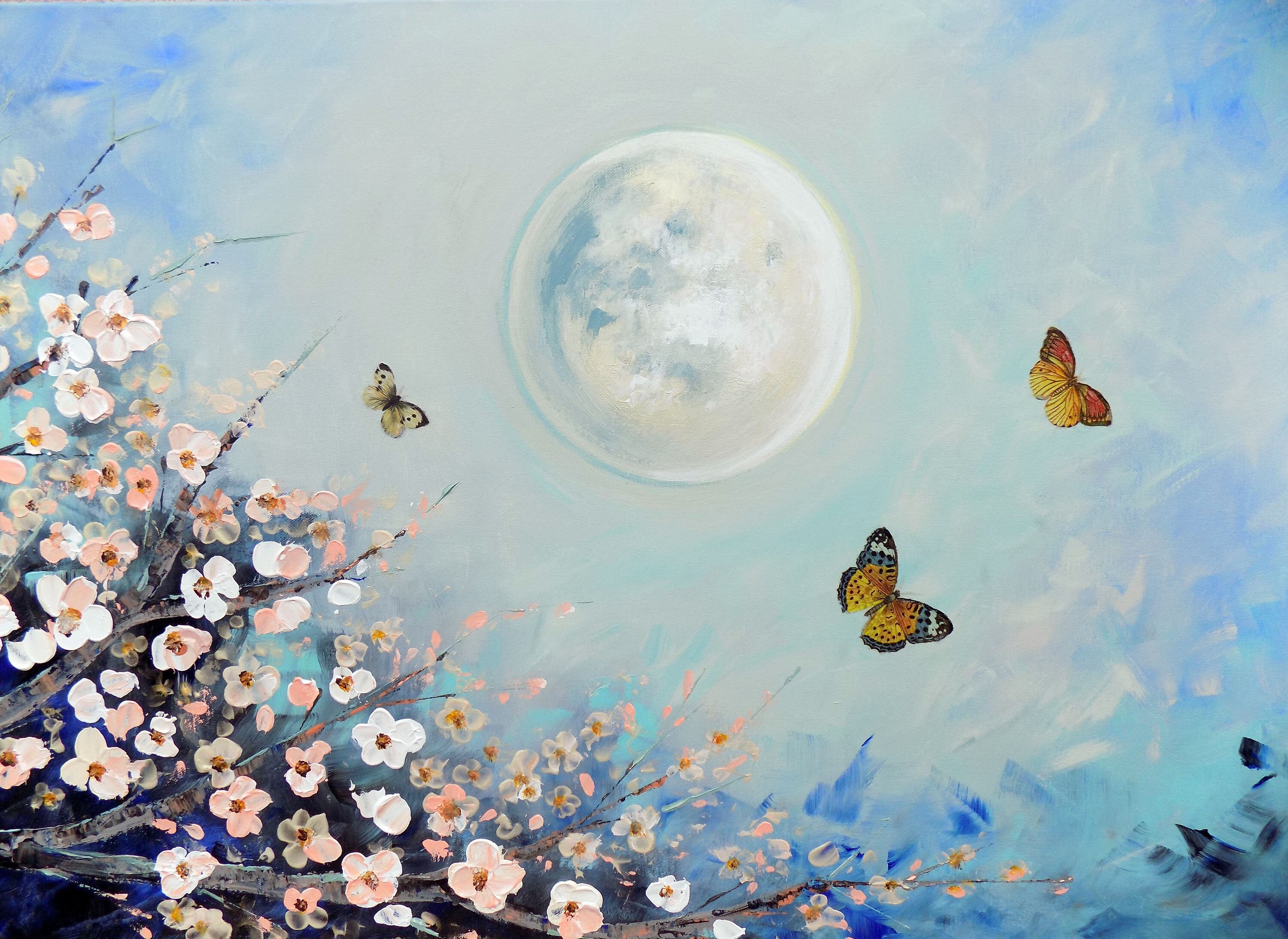 Full Moon Landscape Butterflies Tree Flowers Large Painting Original ...