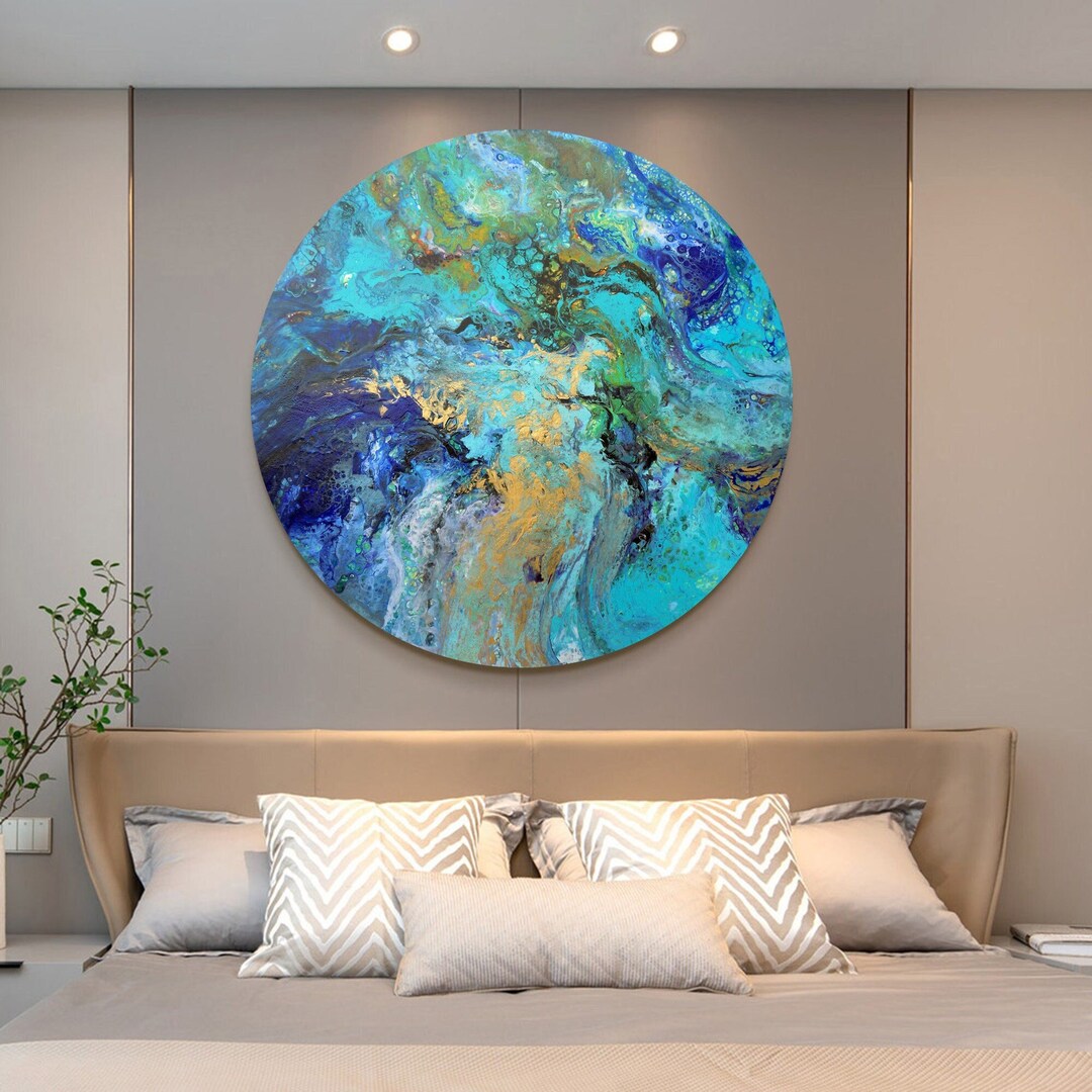 XL Round Abstract Painting Original Modern Art Blue Green Gold - Etsy