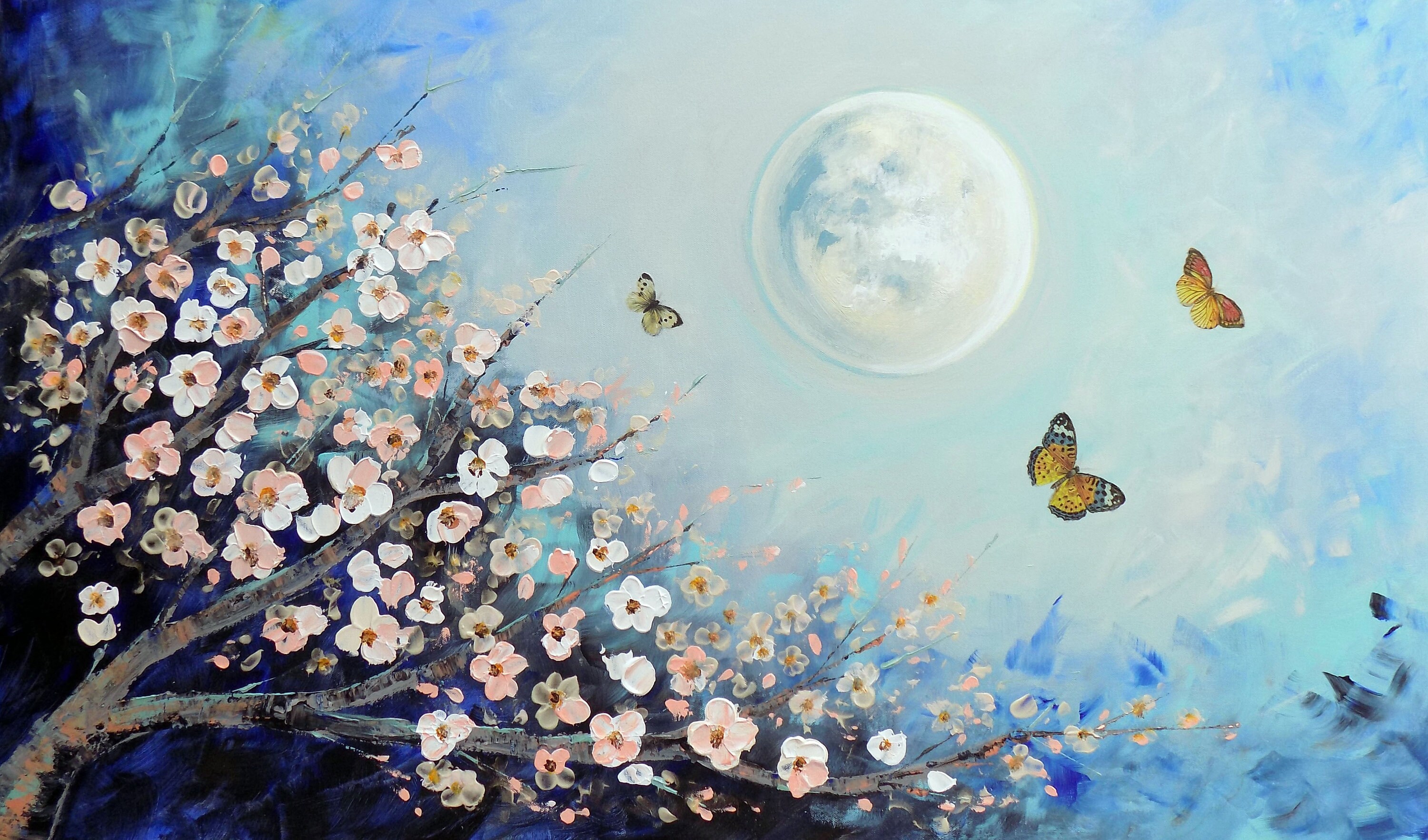 Full moon landscape butterflies tree flowers large painting | Etsy