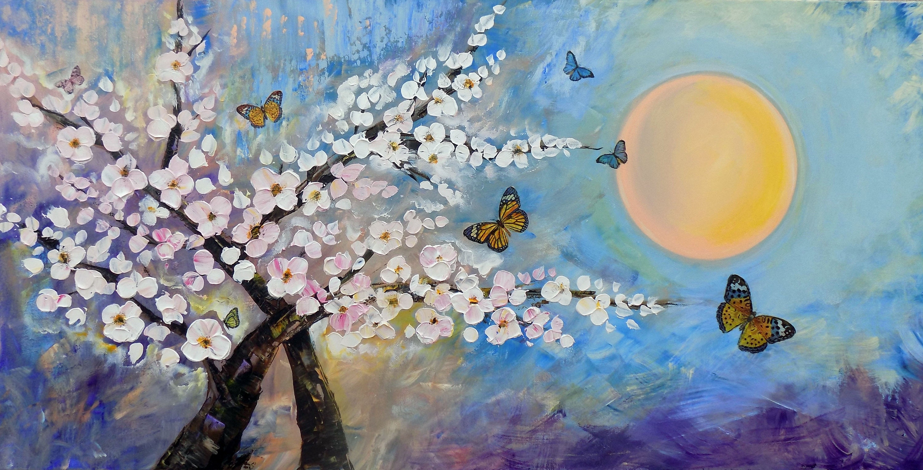 Butterflies painting tree flowers on canvas original artwork | Etsy