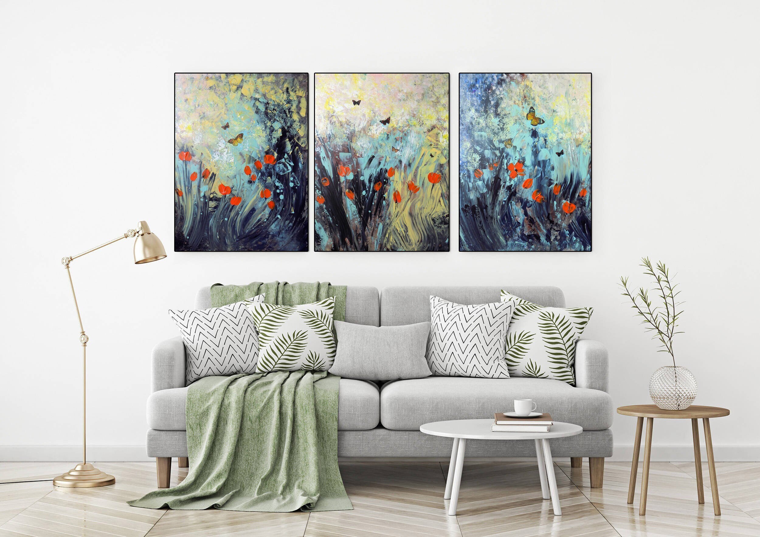 Modern Large Triptych Painting Multi Panel Artwork Butterflies Flowers ...