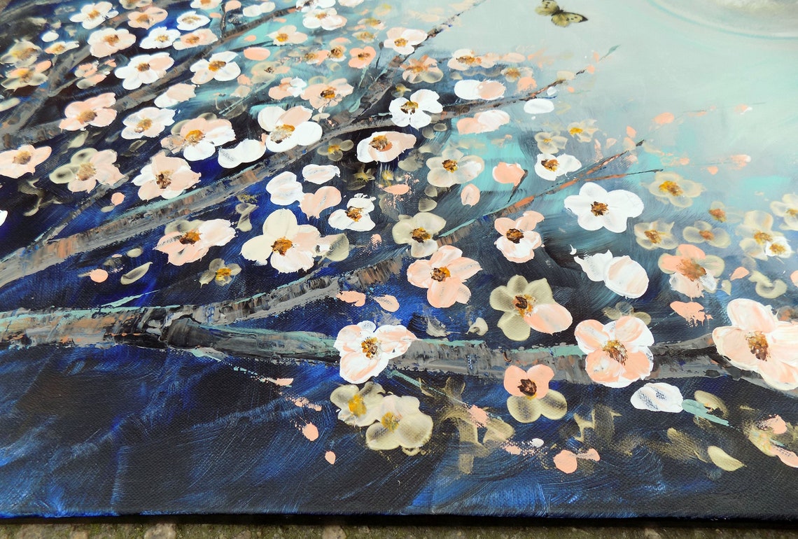 Full Moon Landscape Butterflies Tree Flowers Large Painting Original ...