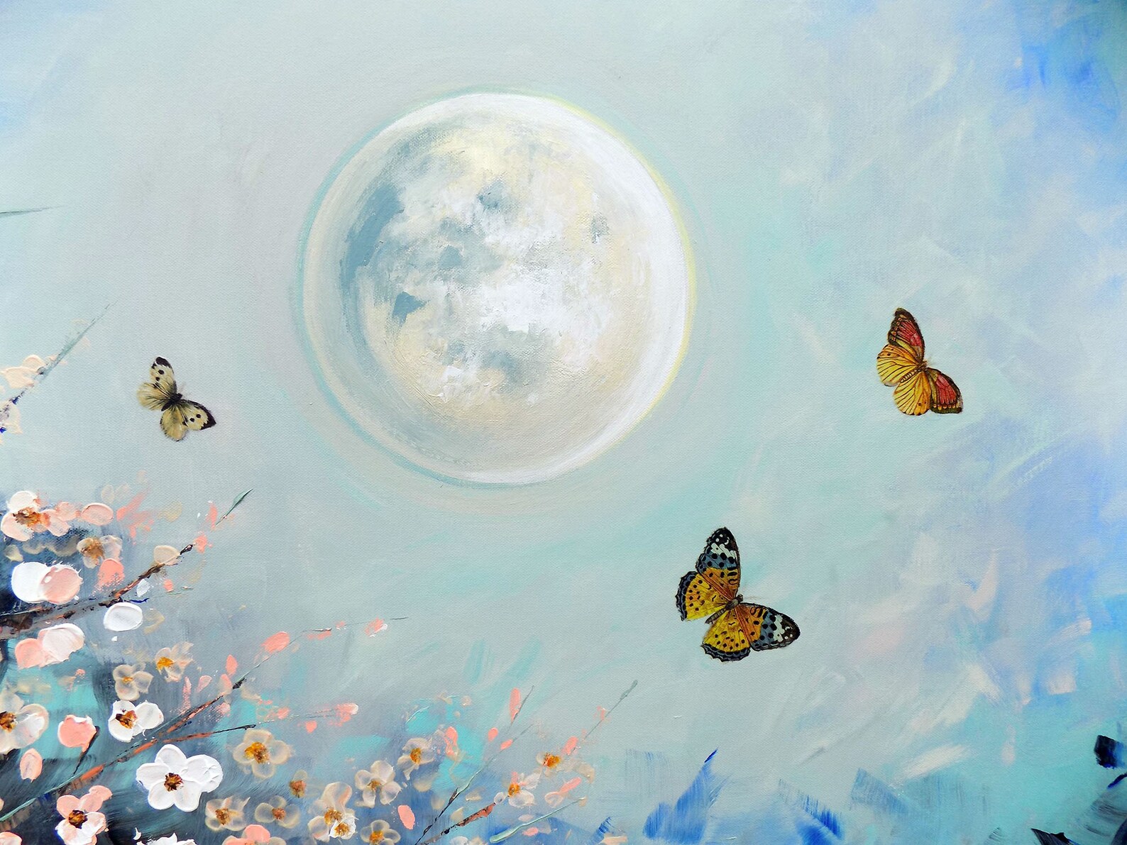 Full Moon Landscape Butterflies Tree Flowers Large Painting Original ...