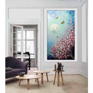 Vertical Spring Landscape With Full Moon Blooming Tree and Butterflies ...