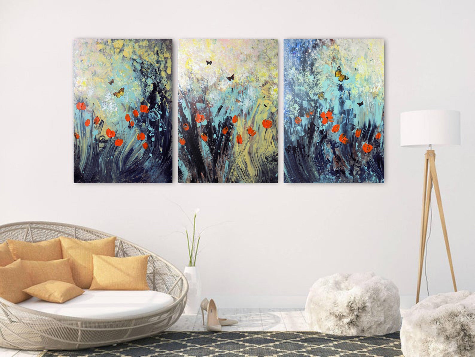 Modern Large Triptych Painting Multi Panel Artwork Butterflies Flowers ...