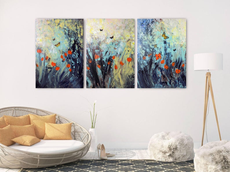 Modern Large Triptych Painting Multi Panel Artwork Butterflies Flowers ...
