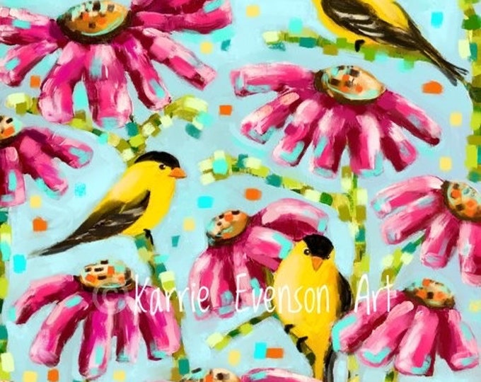 Yellow Finches| Birds | Colorful| Flowers| Bird Print | Whimsical Art ...