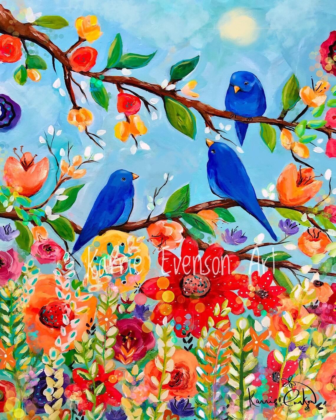 Blue Birds and Red Flowers |bluebird | Colorful Bird Print | Whimsical ...