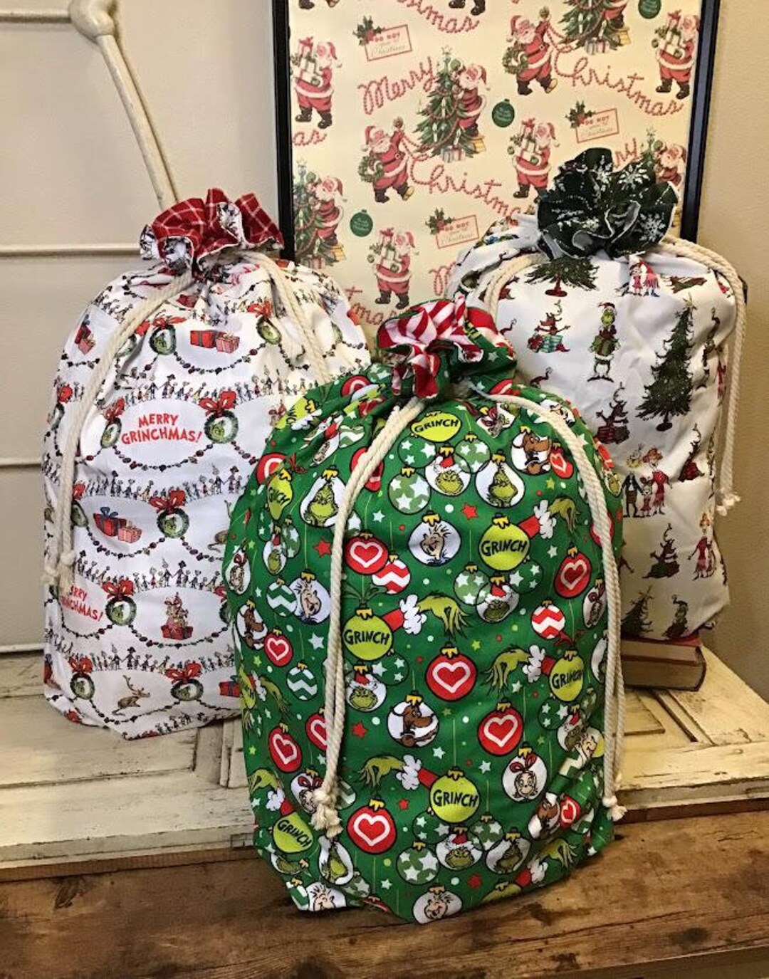 JUMBO Grinch Christmas Sack, Reusable Drawstring Holiday Gift Bag ...