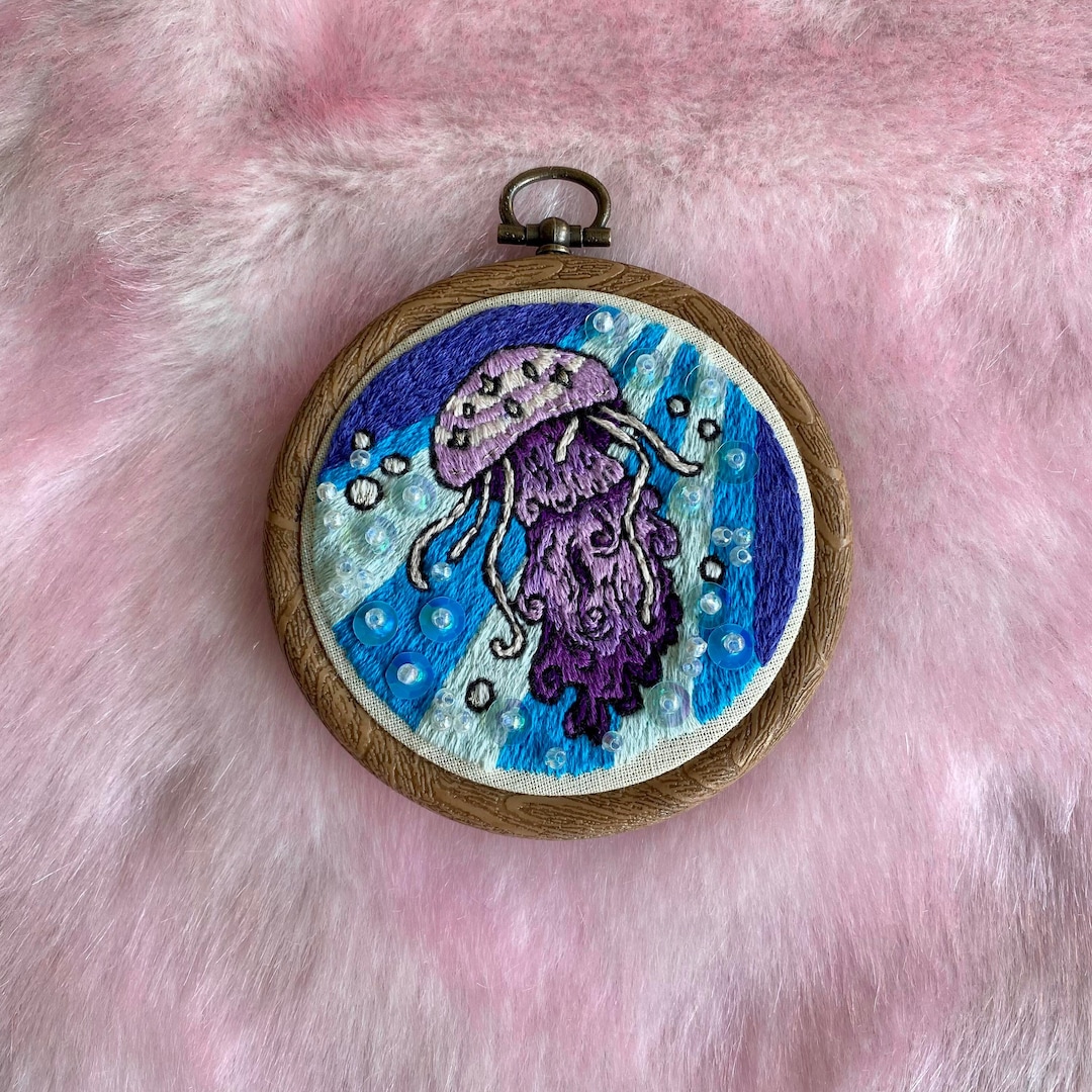 Jellyfish Embroidery | Handmade Ocean Art | Textile Wall Hanging Decor ...