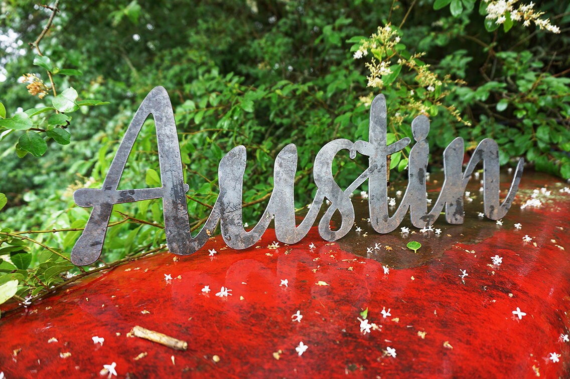 21 Austin Rustic Raw Steel Cursive Word Sign Texas TX | Etsy