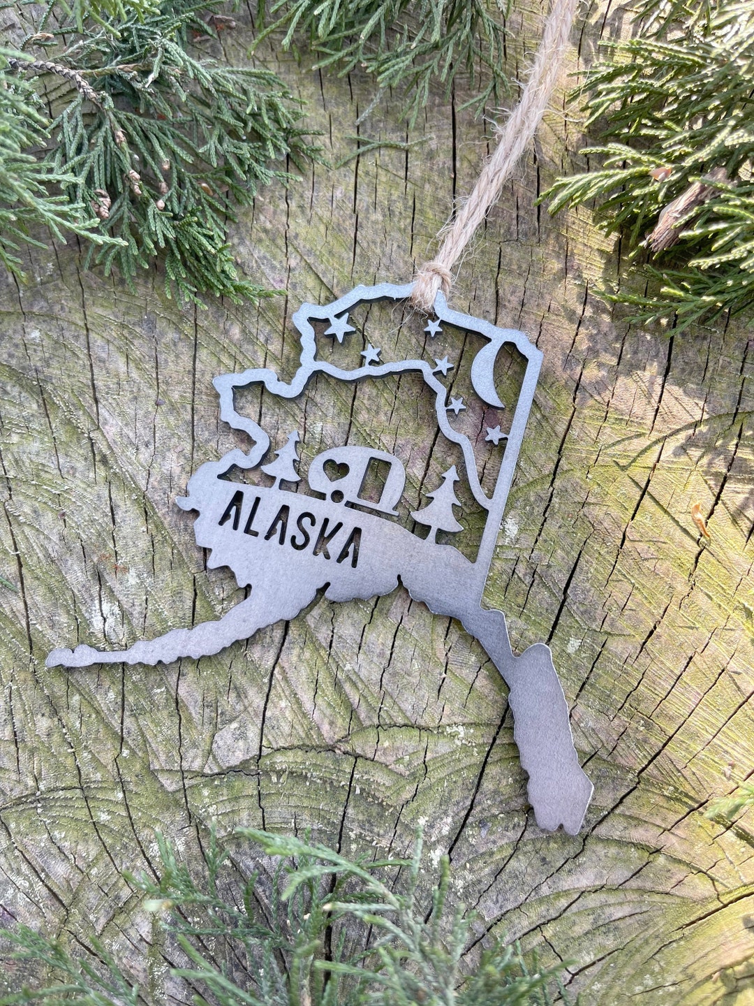 Alaska State Camper Camping Mountain Scene Ornament Made From Raw Steel ...