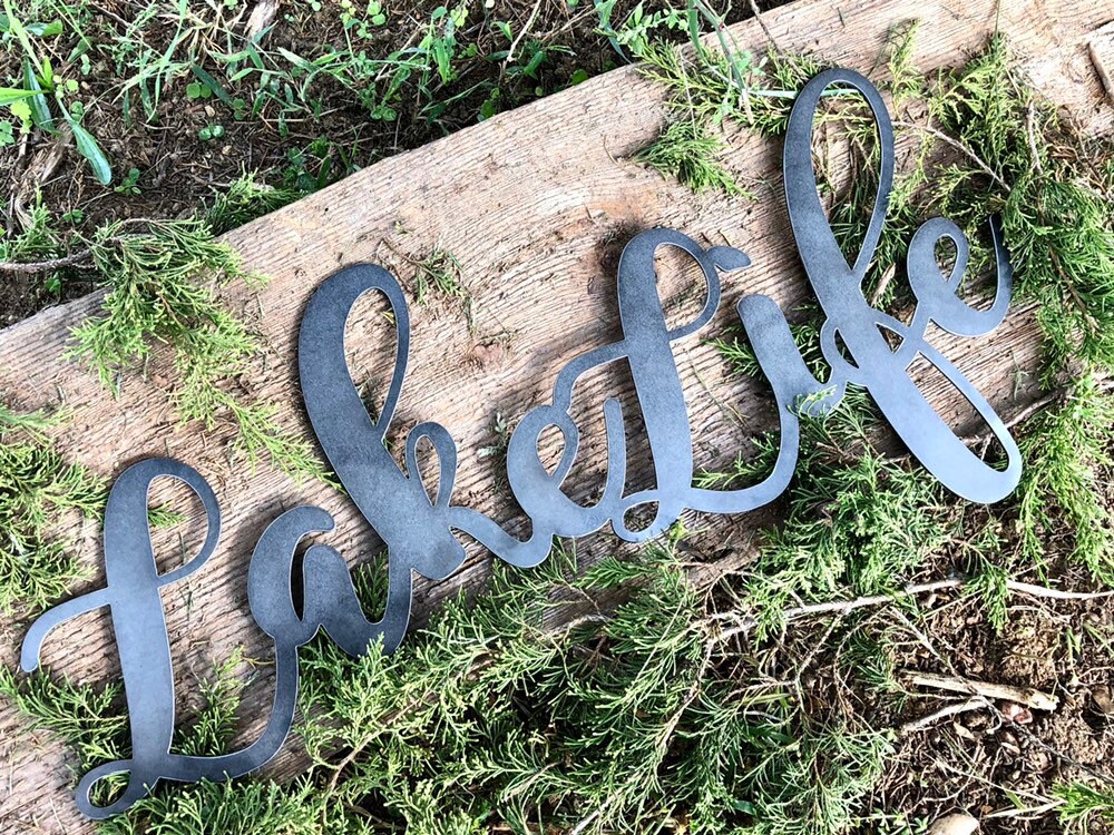 Lake Life 23 Raw Steel Cursive Word Art Sign Metal | Etsy