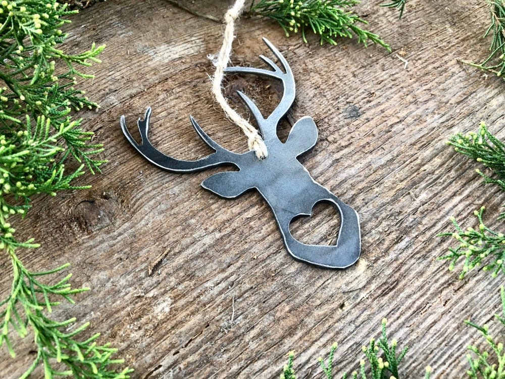Deer Ornament with heart made from Raw Steel Rustic Farmhouse | Etsy