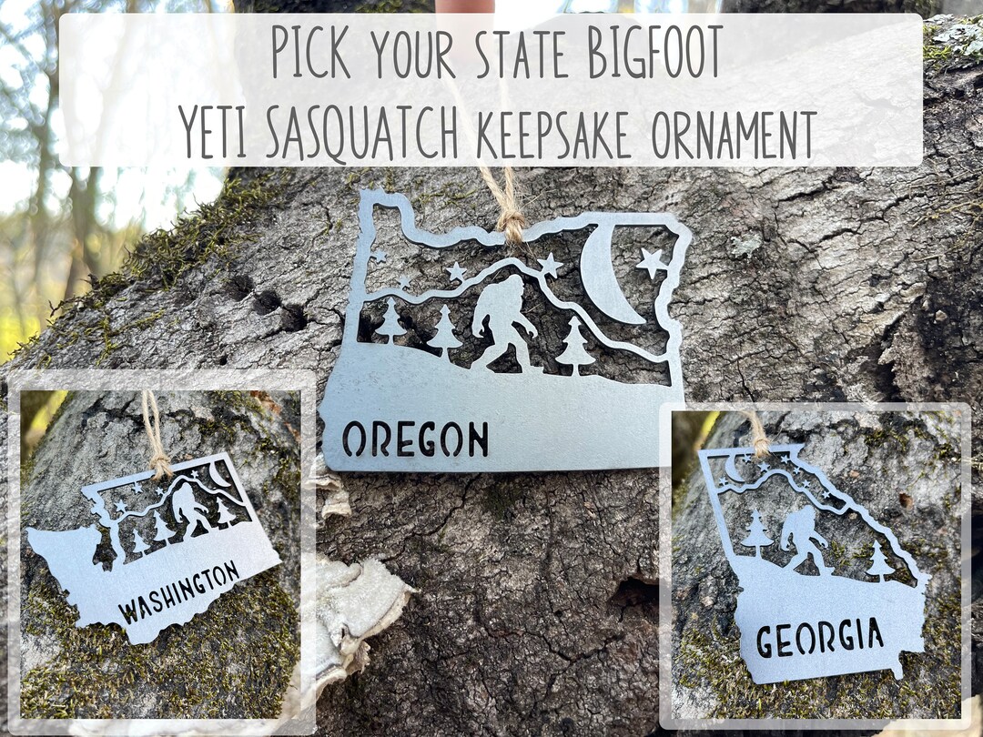 Pick Your STATE Yeti Bigfoot Sasquatch Mountain Scene Metal Ornament ...