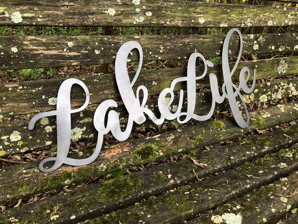 Lake Life 23 Raw Steel Cursive Word Art Sign Metal | Etsy