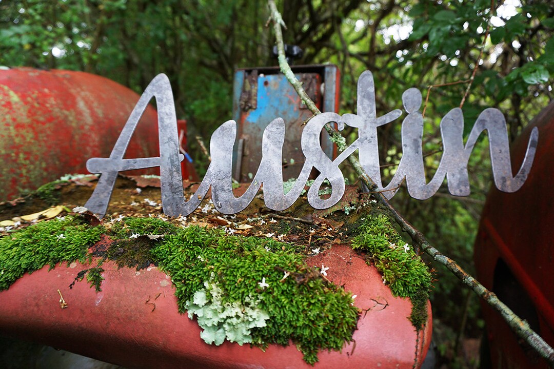 21" Austin Rustic Raw Steel Cursive Word Sign Texas TX City Metal Sign ...