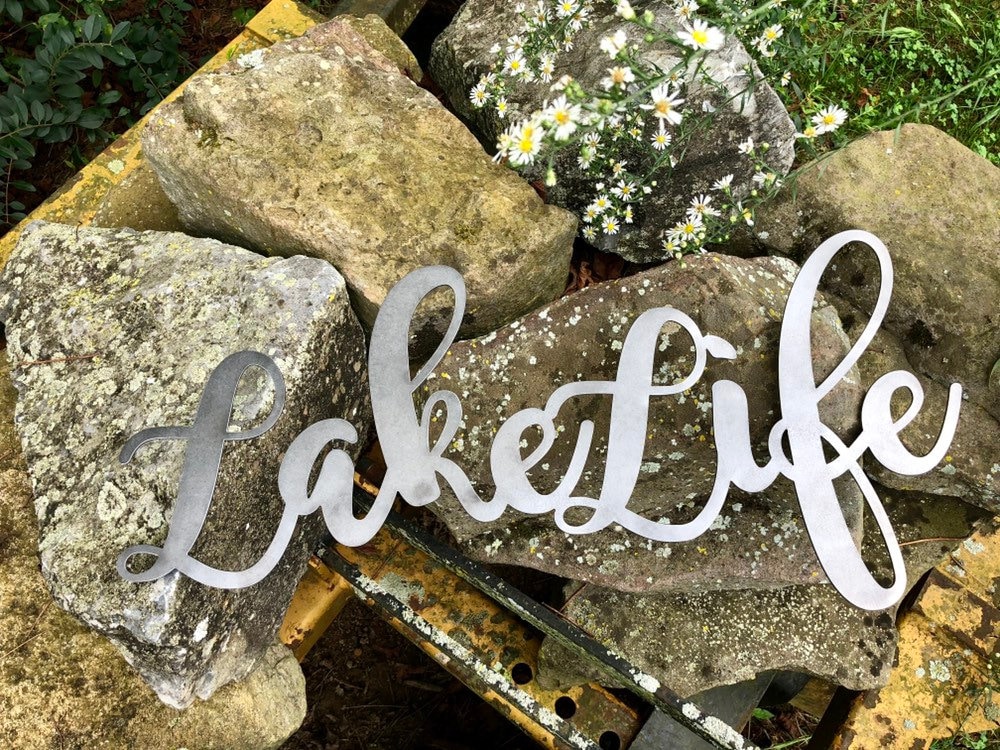 Lake Life 23 Raw Steel Cursive Word Art Sign Metal | Etsy