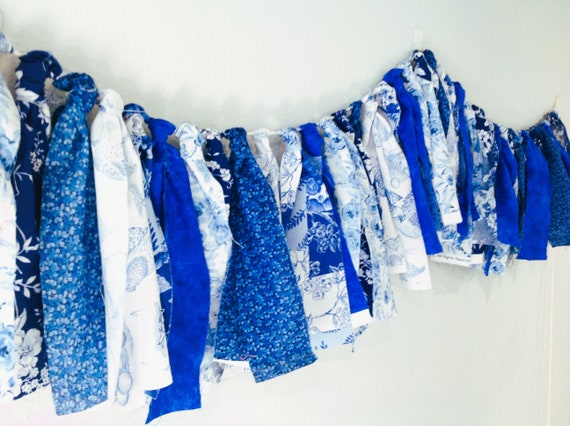 Blue and White Rag Fabric Garland, Blue Colors Wall Decor, Blue and ...