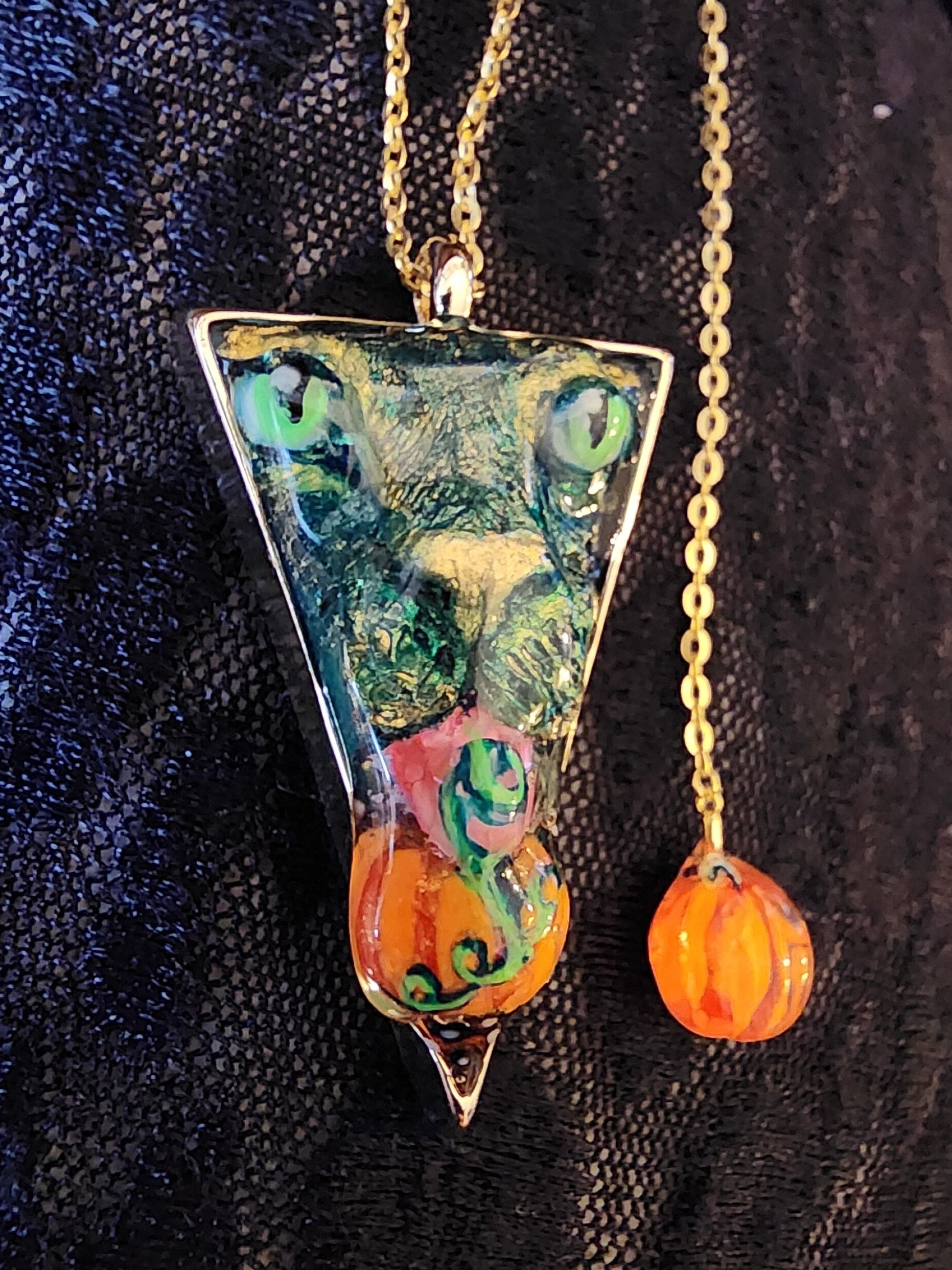 Green Monster Cat With Tongue Out and Pumpkin Triangle Kitty Pendant ...