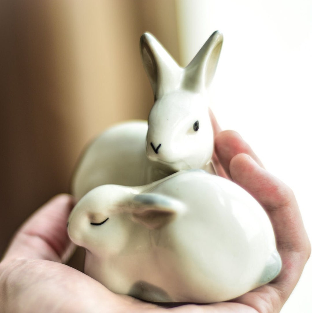 Miniature Rabbit Figurine Just Married Gift, Ceramic Bunny Figurine ...