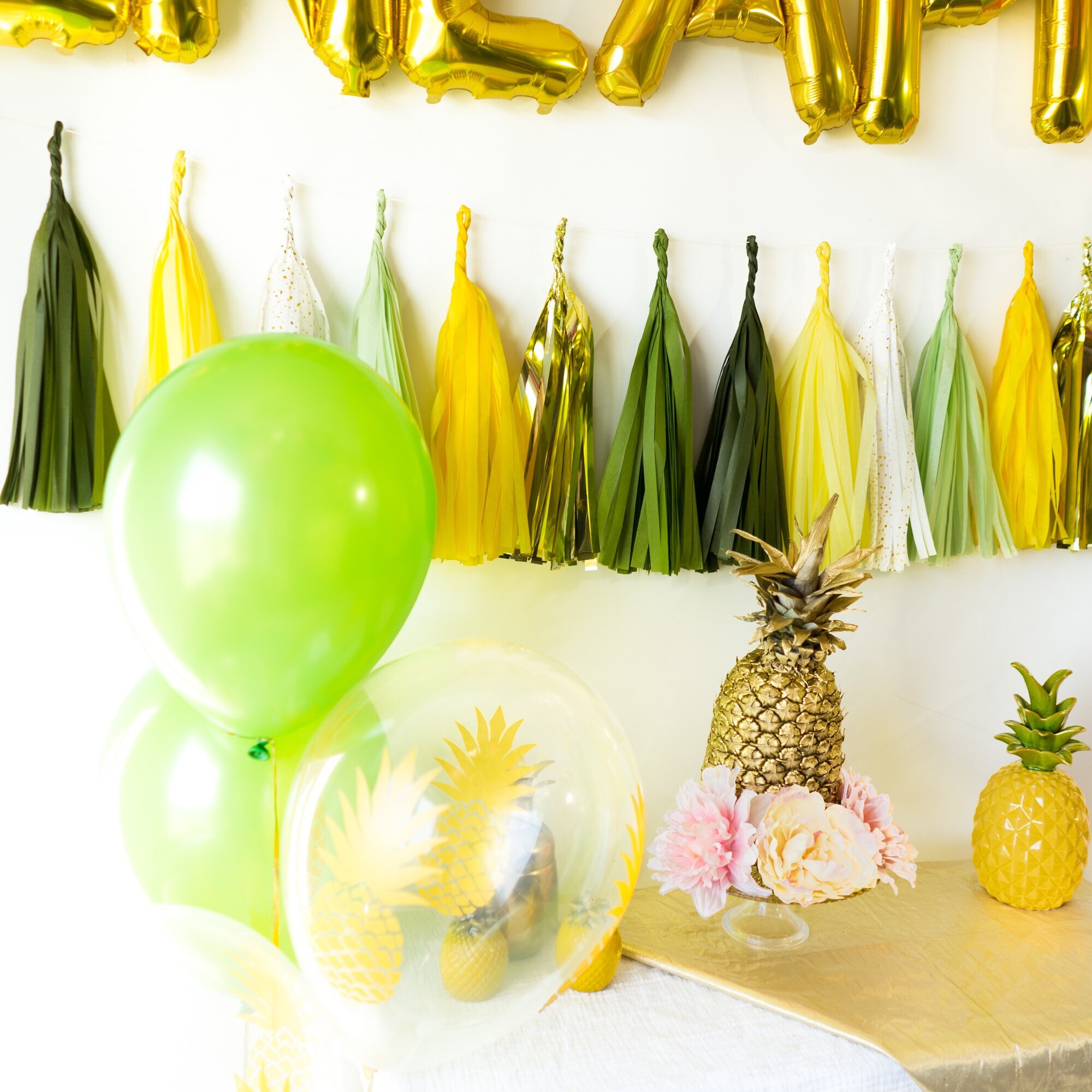 PARTY LIKE a PINEAPPLE Balloon Tassel Party Box | Green Gold Paper ...