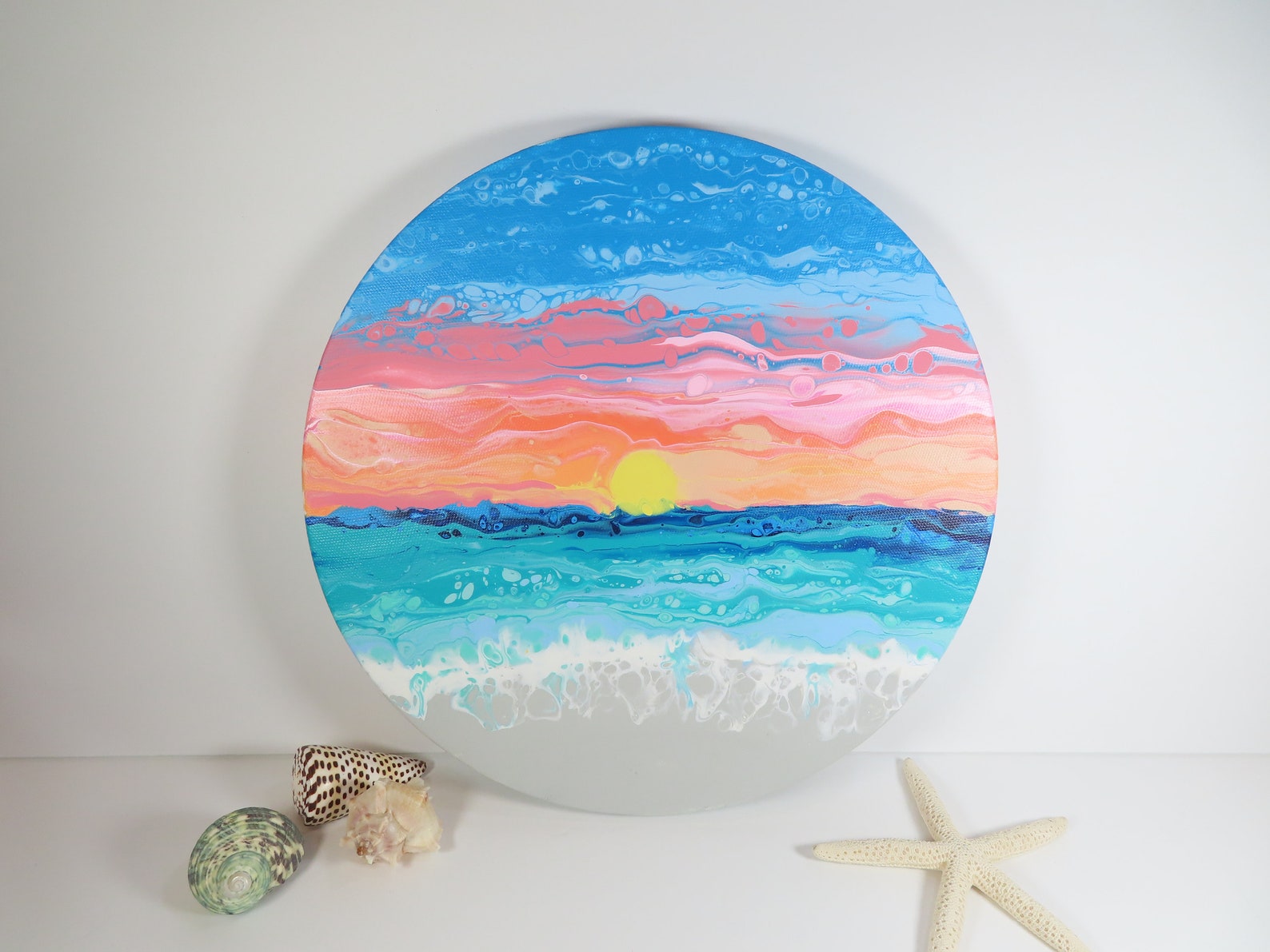 Original Round Abstract Sunset Over the Ocean Painting, 12 Inch Circle ...
