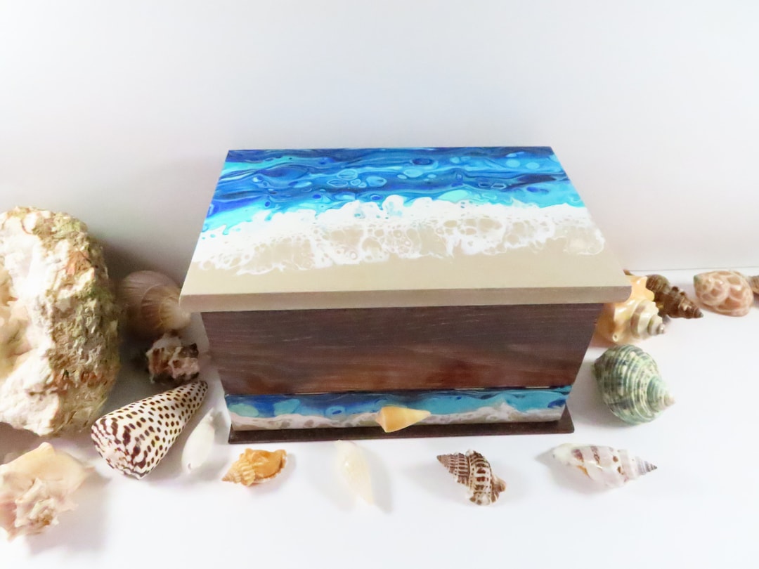 Abstract Beach Jewelry Box With Mirror and Drawer, Rustic Coastal Decor ...