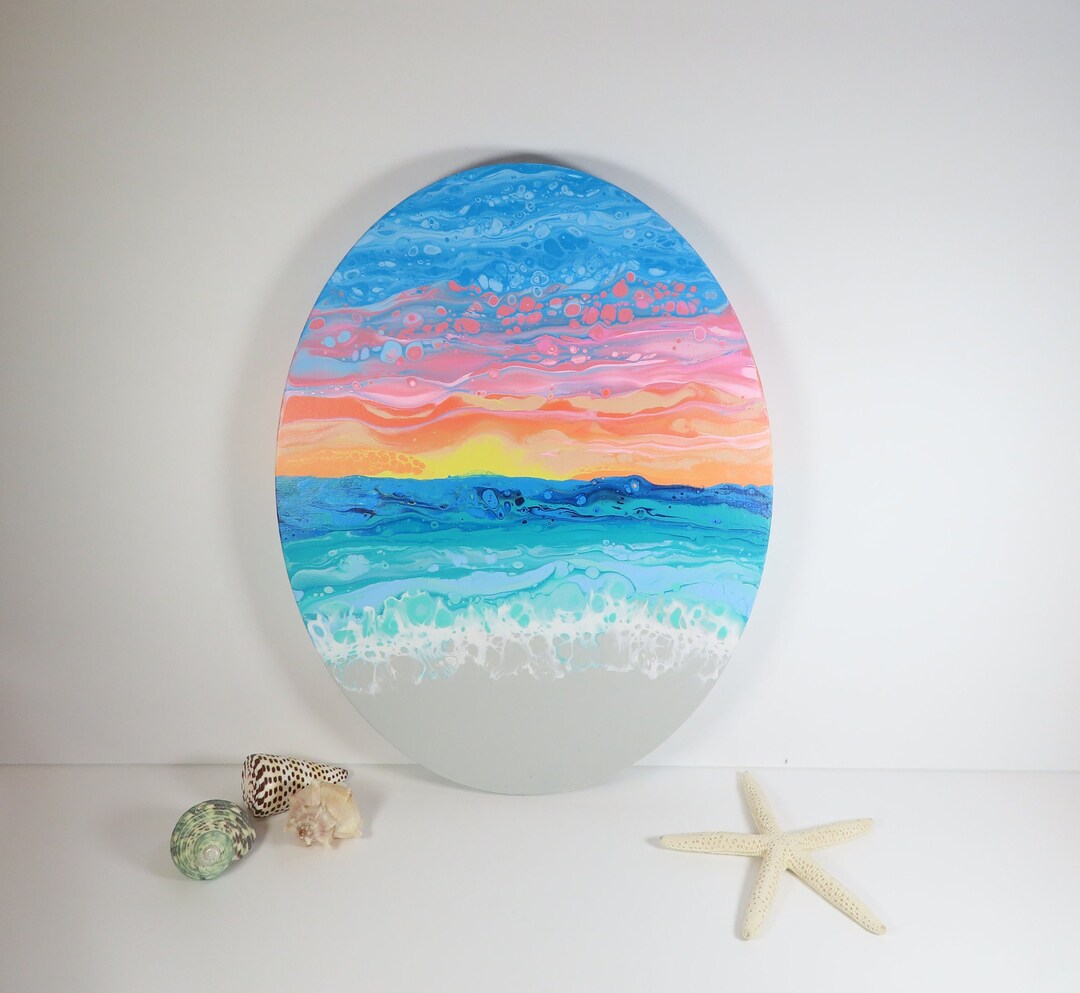 Oval Sunset Beachscape Original Abstract Acrylic Painting on Canvas ...