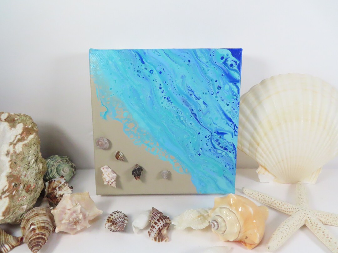 Abstract Beach Scene With Real Seashells Original Small Painting 6x6 ...