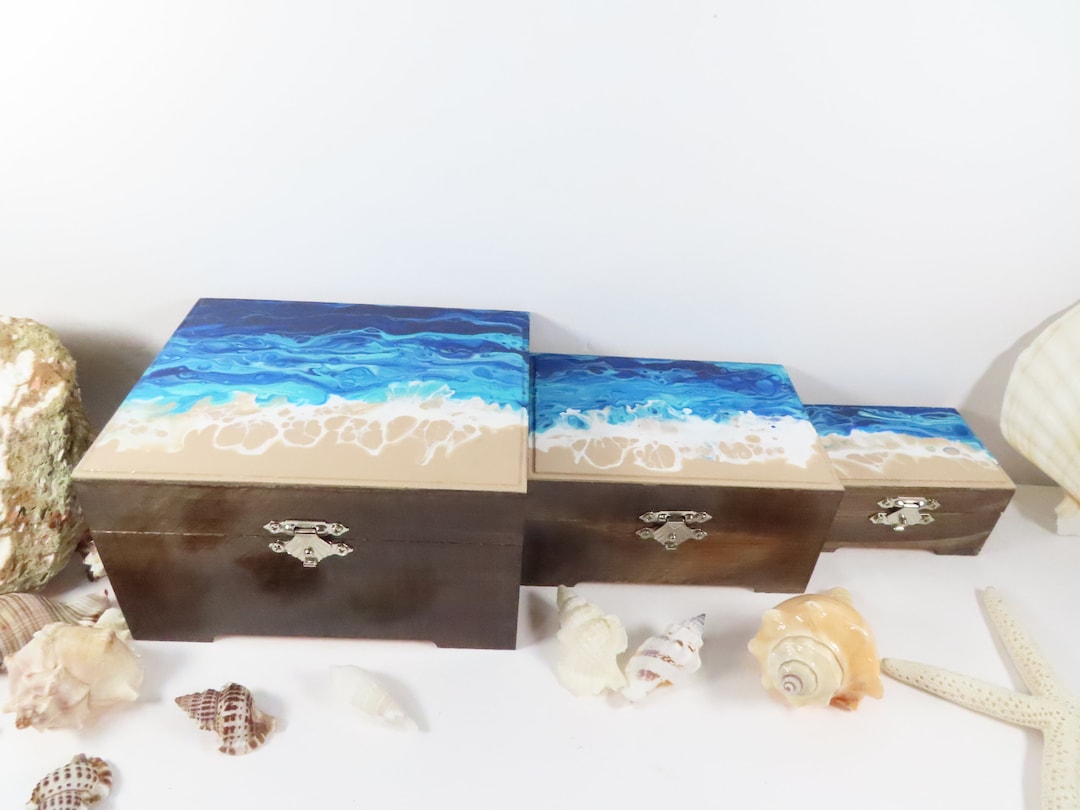 Painted Beach Jewelry Box Set: Abstract Coastal Decor, Wood Boxes With ...