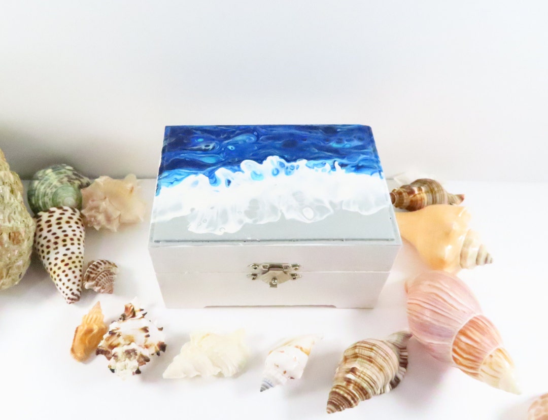 Small Coastal Jewelry Box, Painted Abstract Beach Wood Box With Lid and ...
