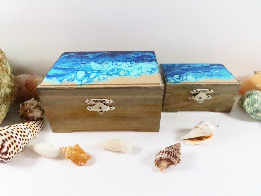 Wood Painted Beach Jewelry Box Set of Two, Handpainted Abstract Coastal ...