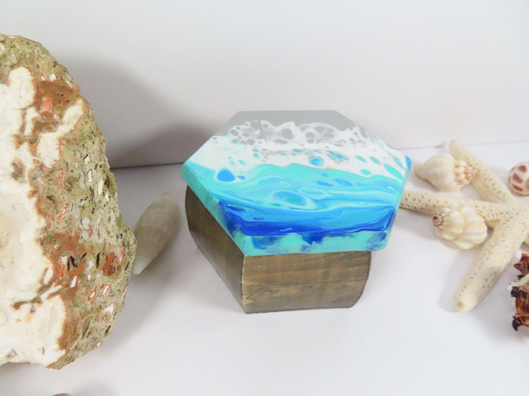 Small Hexagon Coastal Jewelry Box, Painted Abstract Beach Wood Box With ...