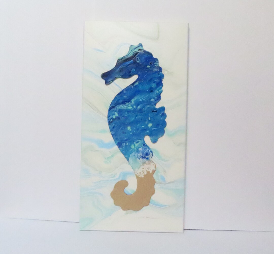Original Abstract Seahorse Modern Painting, Long 10x20 Inch Stretched ...