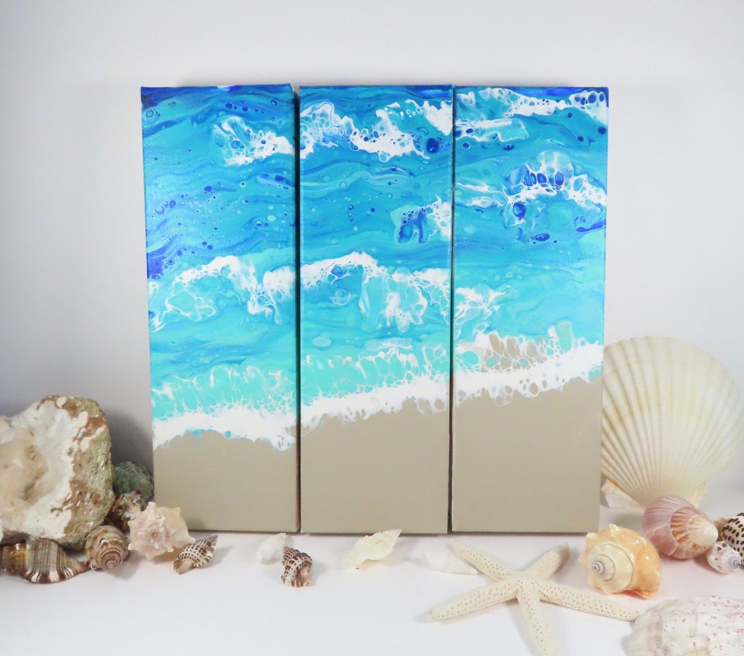 Three Piece Beach Scene on 4x12 Inch Stretched Canvas, Triptych ...