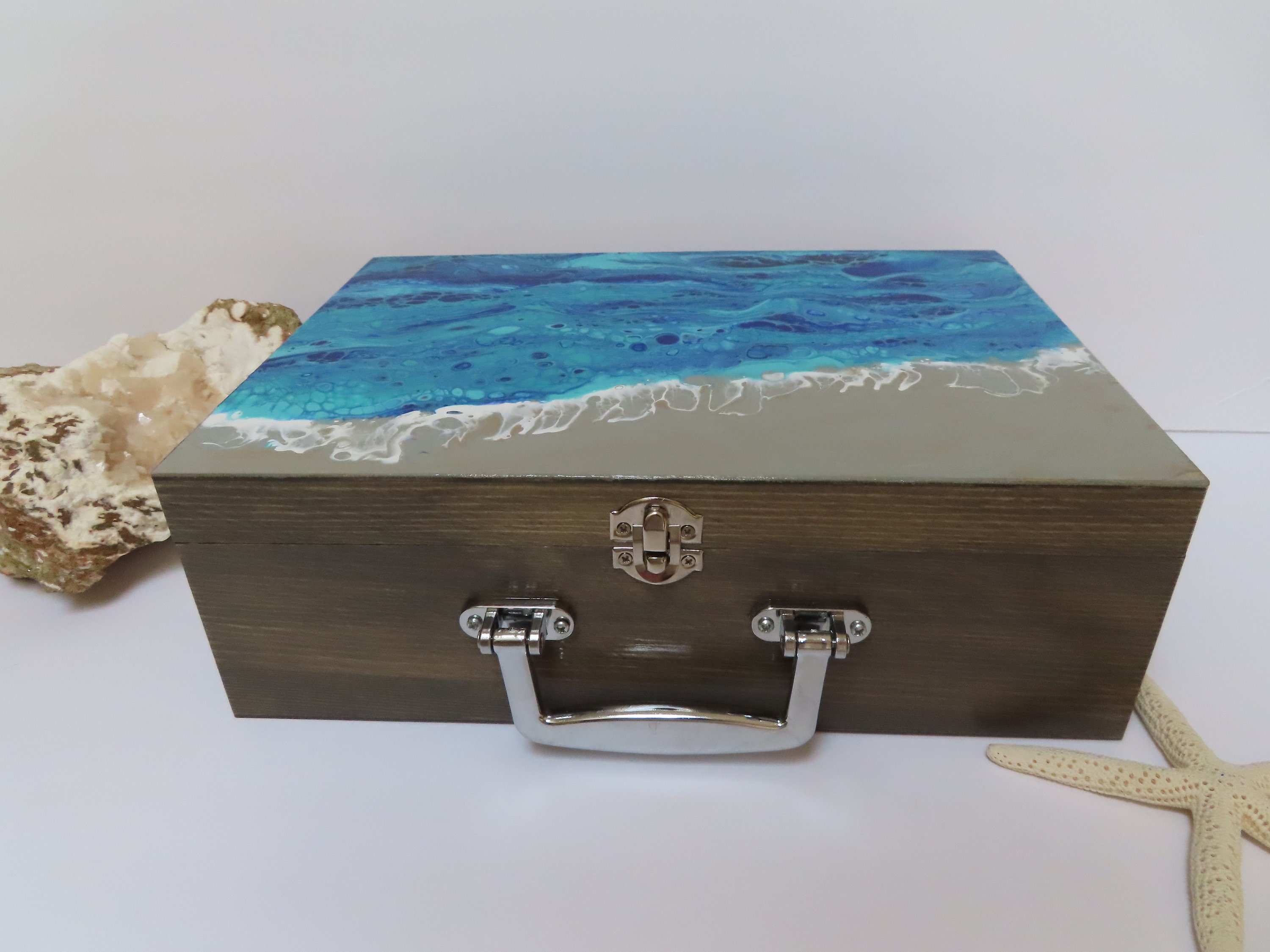 Abstract Beach Painted Large Wood Box With Handle and Latch | Etsy