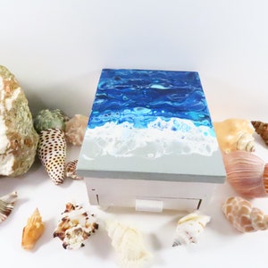 Abstract Beach Wood Jewelry Box With Mirror and Drawer, Hand Painted ...